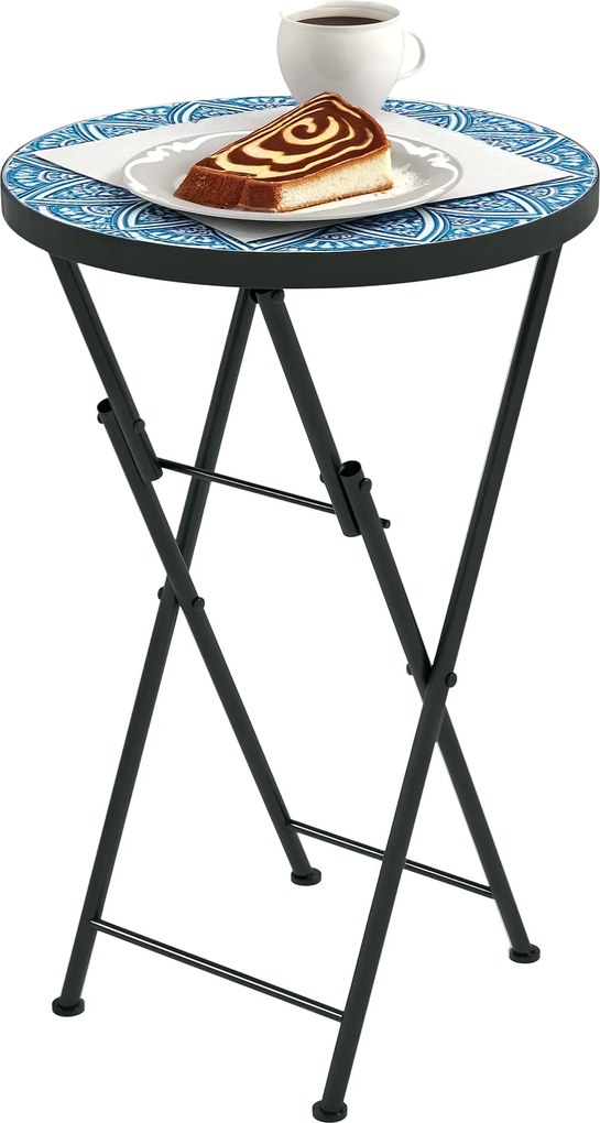 Skládací postranní stůl Outsunny s mozaikovým designem, kulatý odolný kovový balkonový stůl Ø35,5 x 55 cm, campingový stůl, skládací stůl, konferenční