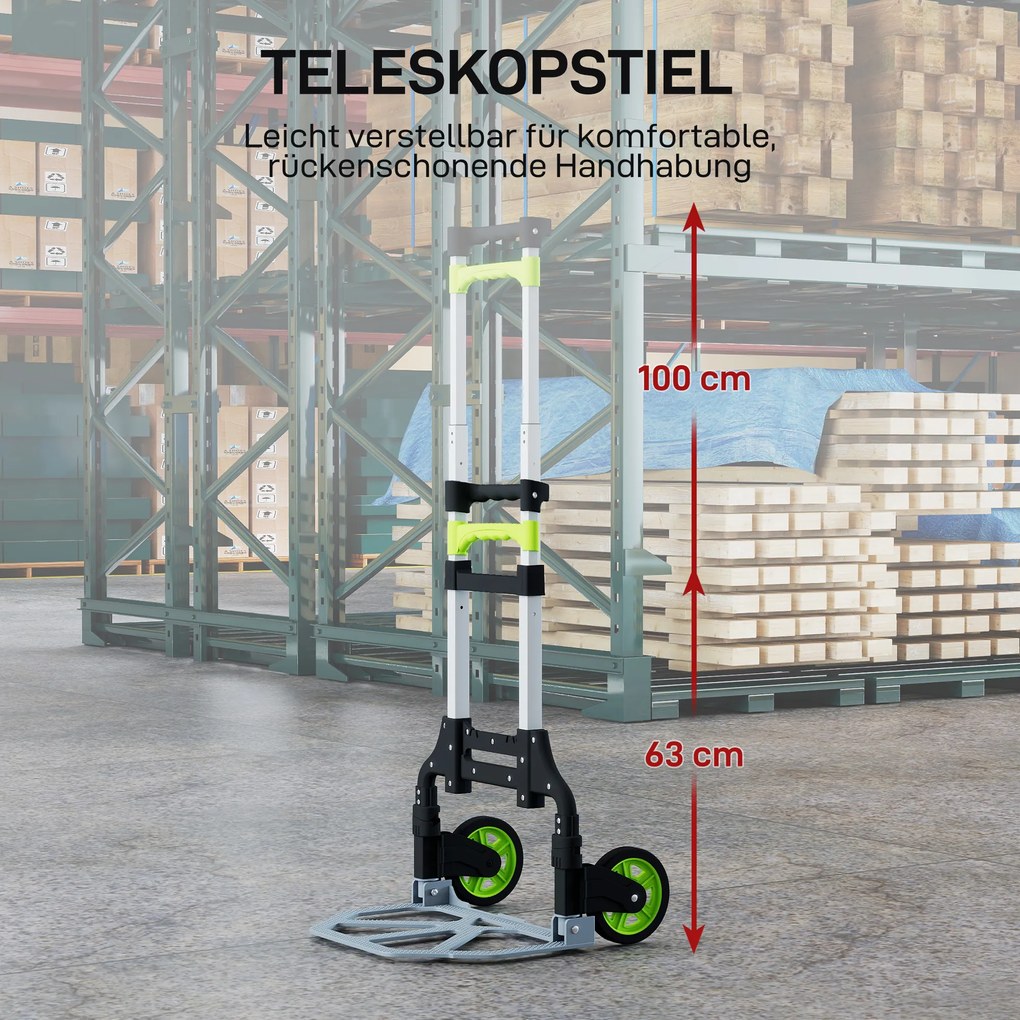 HOMCOM Skládací hliníkový ruční vozík s teleskopickou rukojetí Nastavitelná výška 100 cm