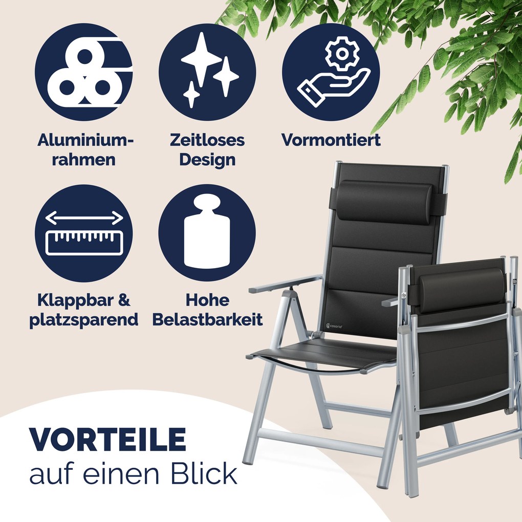 Zahradní židle vysoké opěradlo skládací Bern Premium sada 2 ks stříbrná hliníkový čalouněný & nastavitelný