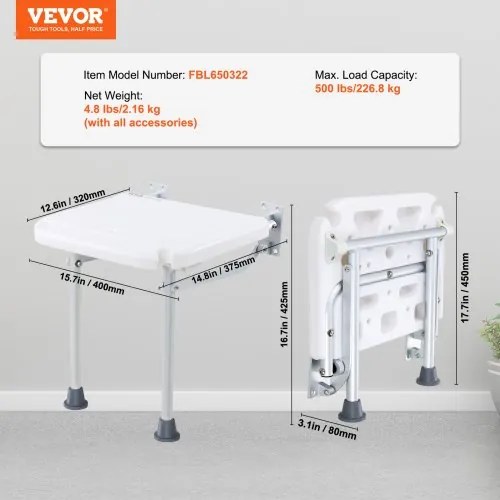skládací sedátko do sprchy PE 39,9 × 37,6 cm nástěnná sprchová lavice 226,8 kg