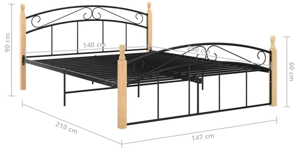 Rám postele černý kov a masivní dubové dřevo 140 x 200 cm,  324928