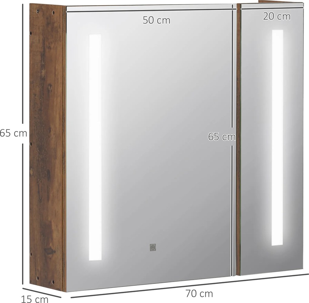kleankin Nástěnná zrcadlová skříňka s LED osvětlením do koupelny, 2 dveře s 3 úrovněmi, 70 x 15 x 65 cm, vzhled dřeva