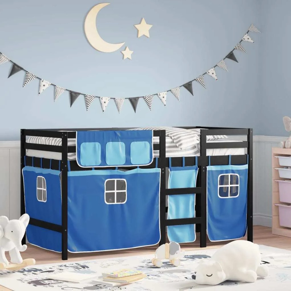 vidaXL Dětská patrová postel se závěsy 90 x 200 cm borovice [3283825] Barva: Modrá