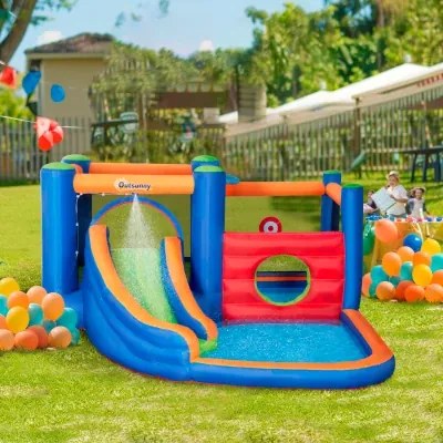 Nafukovací skákací hrad Outsunny, vodní park s nafukovačem, skluzavkou, basketbalovým košem, hrací centrum pro děti od 3 let, ideální na zahradu
