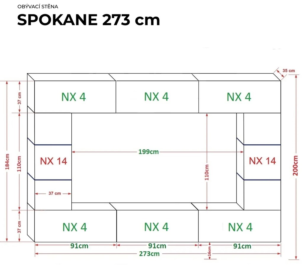 Ral Obývací stěna SPOKANE 2, 273 cm - Bílý lesk