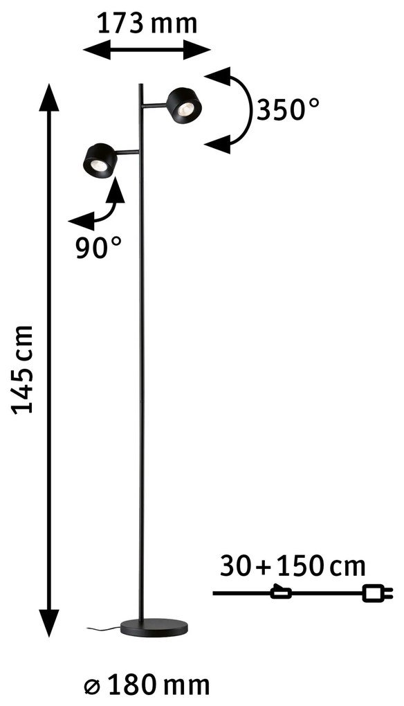 Paulmann 79775 Puric Pane, moderní stojací lampa s nastavitelnými reflektory, 2x6,5 LED 2700K tříkrokové stmívání, výška 145cm