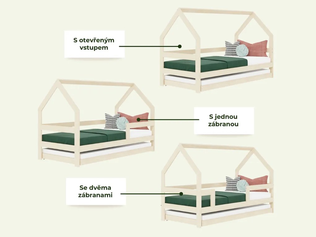 Benlemi Dětská dřevěná postel domeček SAFE 3v1 se zábranou a přistýlkou Zvolte barvu: Pastelově růžová, Zvolte rozměr: 90x190 cm, Zvolte zábranu: Se dvěma zábranami