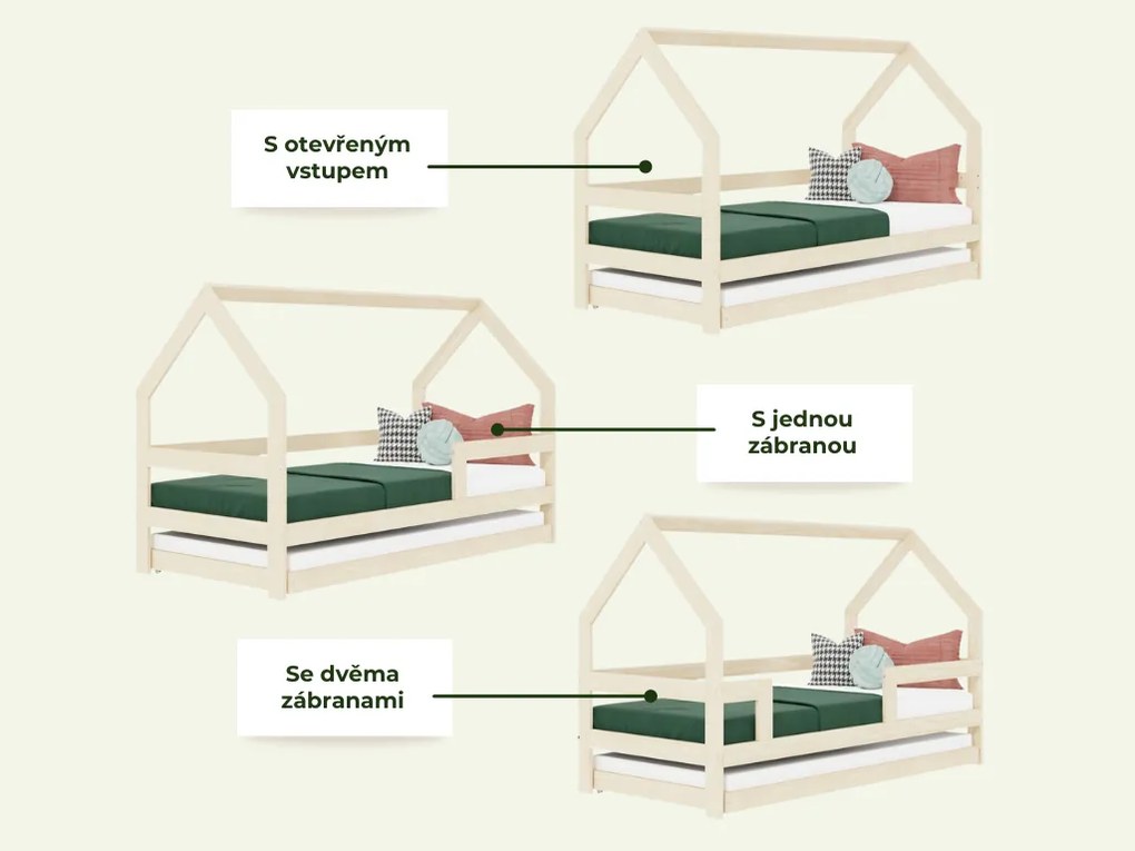 Benlemi Dětská dřevěná postel domeček SAFE 3v1 se zábranou a přistýlkou Zvolte barvu: Transparentní vosková lazura matná, Zvolte rozměr: 90x200 cm, Zvolte zábranu: S otevřeným vstupem