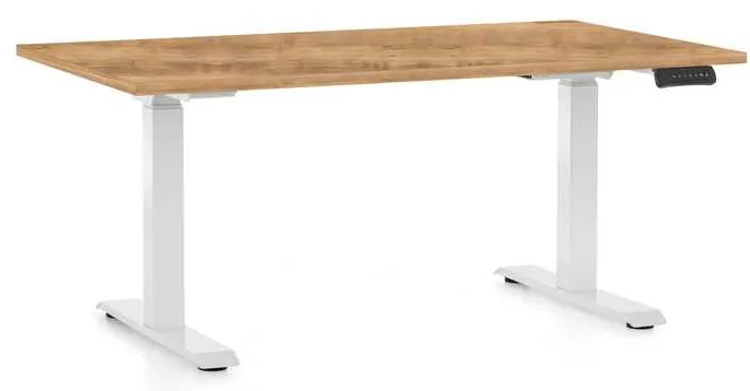Výškově nastavitelný stůl OfficeTech D, 140 x 80 cm, bílá podnož, dub zlatý
