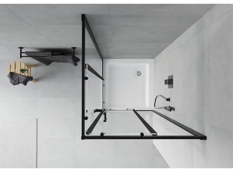 Mexen Rio, čtvercový sprchový kout s posuvnými dveřmi 80 x 80 cm, 5mm čiré sklo, černý profil + bílá vysoká sprchová vanička Rio, 860-080-080-70-00-4510