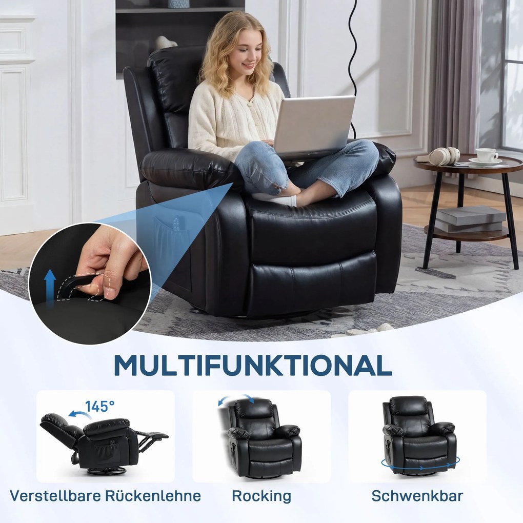 HOMCOM Masážní křeslo s 8 vibračními hlavami, relaxační křeslo, nastavitelná opěrka zad + podnožka, černé 700-056V91BK