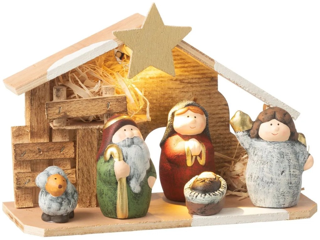 Přírodní svítící Betlém s keramickými postavičkami Nativity - 21*8*16 cm