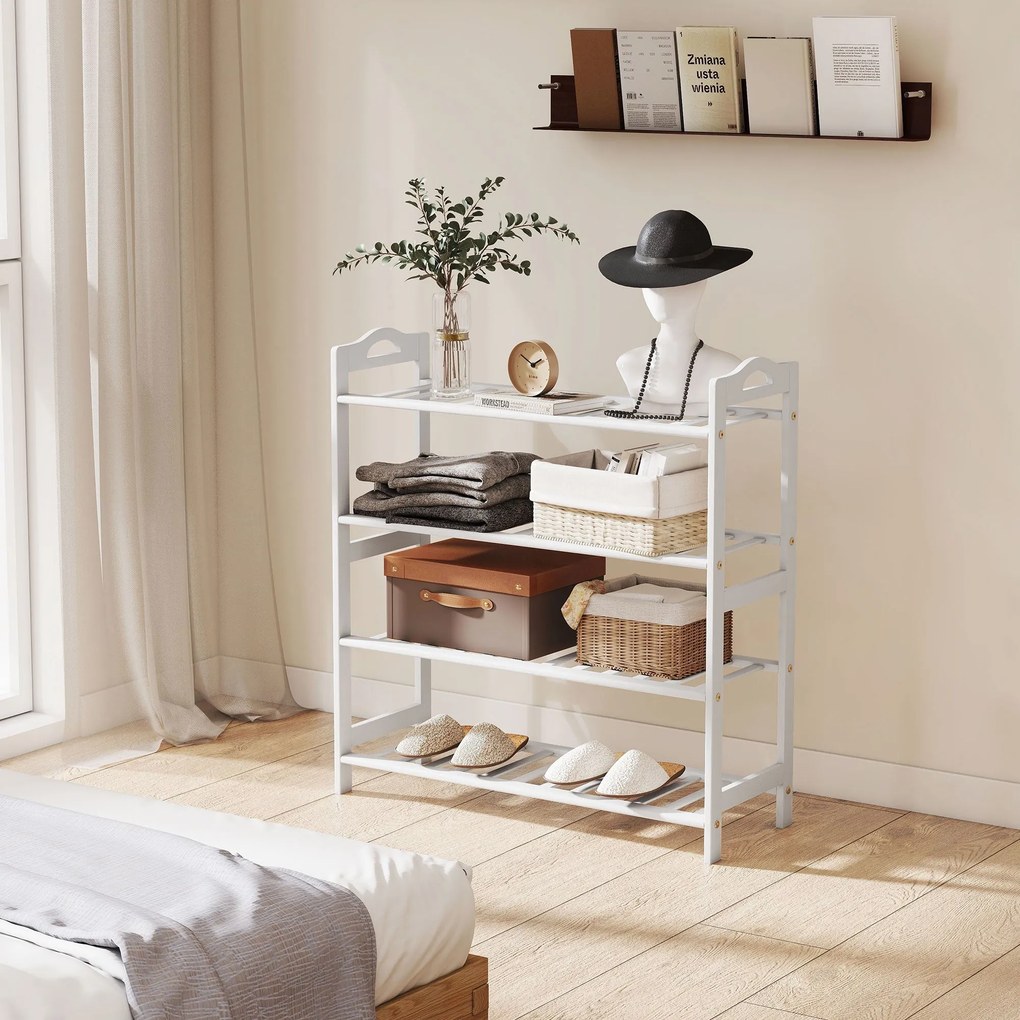 HOMCOM 4-úrovňový bambusový botník na 12 párů bot pro předsíň, chodbu, ložnici 67,5x24,7x72 cm Bílý