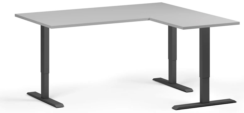 Rohový výškově nastavitelný stůl, 160x140 cm, 3 motory, L/P, černá podnož, šedá