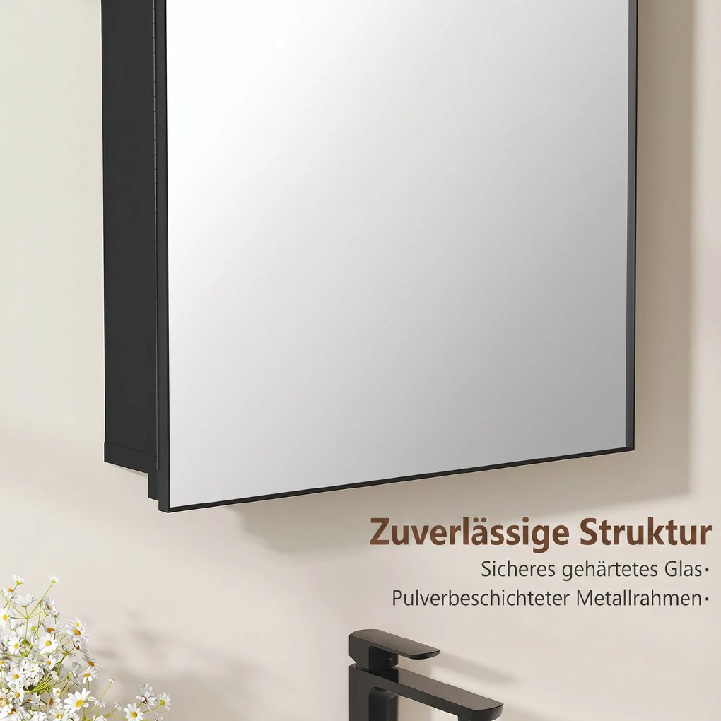 HOMCOM Zrcadlová skříňka do koupelny, klenutá koupelnová skříňka s dveřmi otočnými o 180°, 3 policemi, kovová, černá 50 x 12 x 76 cm