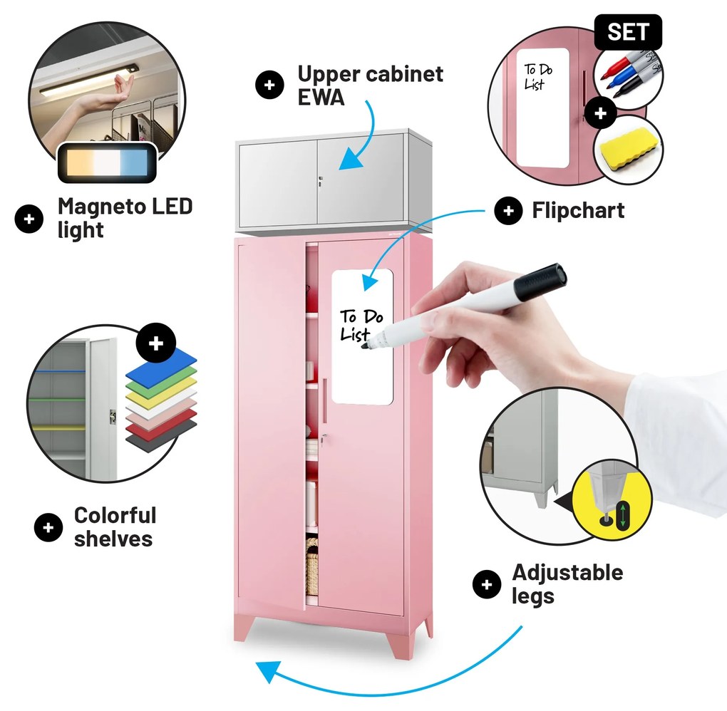 Kovová skříň pro domácí kancelář JAN, 900 x 1850 x 400 mm, Fresh Style: pudrově růžová