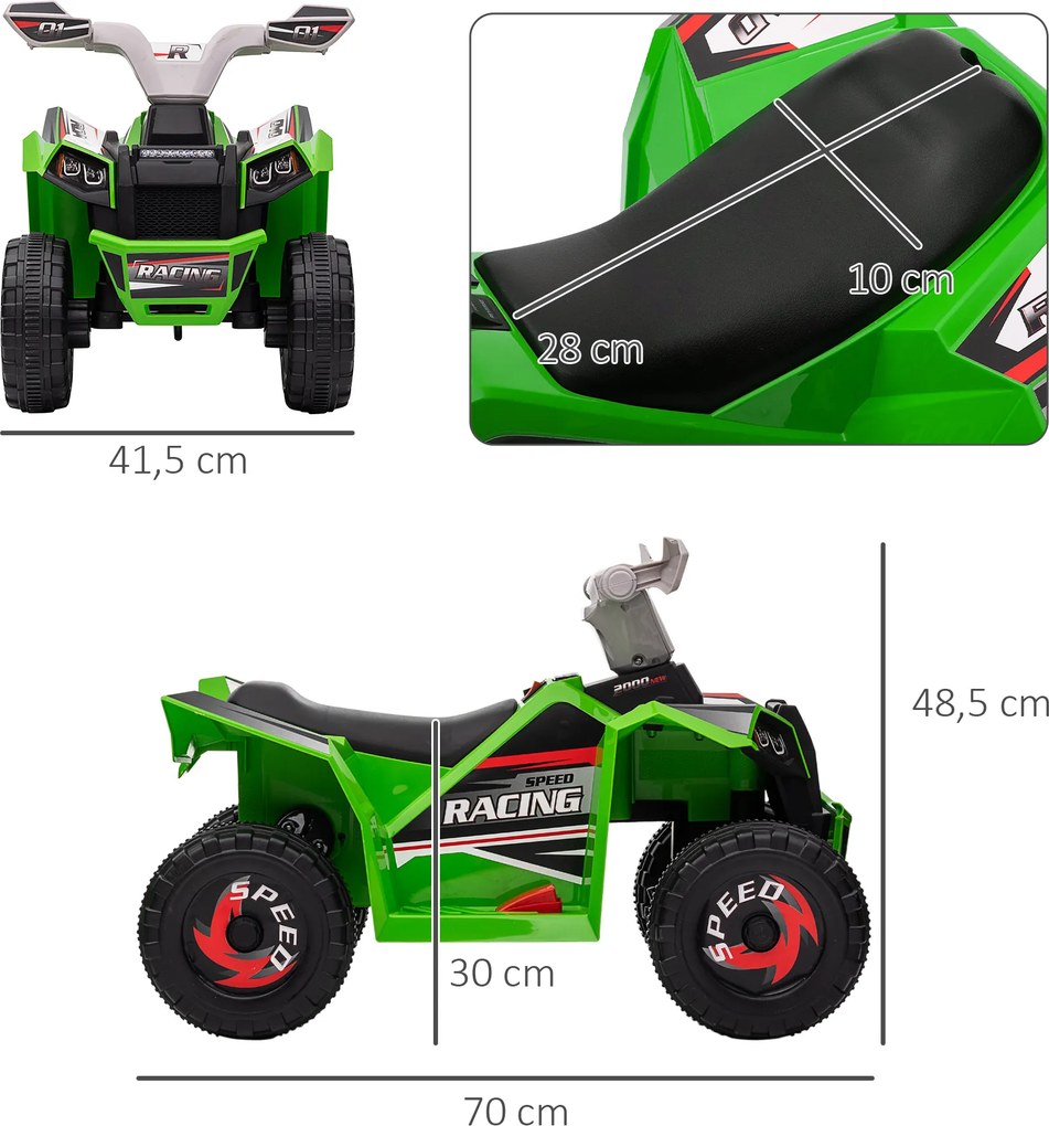 HOMCOM Elektrické Čtyřkolka pro Děti 18-36 Měsíců Elektrické Akumulátorové Vozidlo 6V s Přední a Zadní Rychlostí 2,5 km/h 70x41,5x48,5 cm Zelená