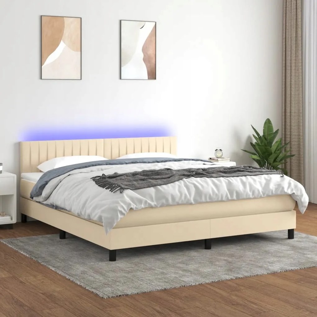 Box Spring Postel S Matrací A Led Textil Krémová Svislé pruhy 180 x 200 c
