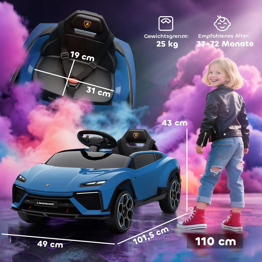 AIYAPLAY Dětské elektrické auto 12V Dětské auto s 2,4 GHz dálkovým ovládáním, 2 motory, klakson, LED, hudba, 101,5 x 49 x 43 cm, modrá