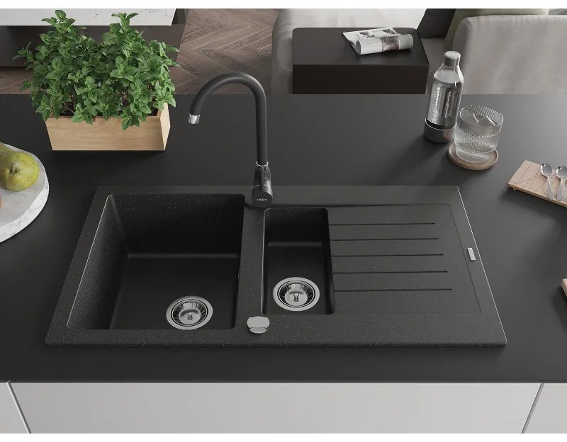 Mexen Matias, 1,5-komorový granitový dřez s odkapávačem 90x50 cm a kuchyňskou baterií Telma, černá se stříbrnými tečkami, 6502-73-670200-70