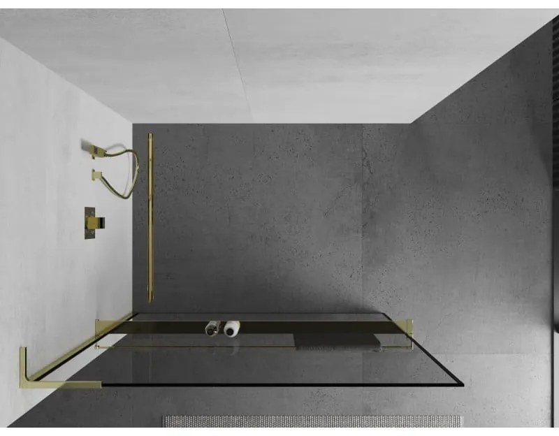 Mexen Kioto+ L, sprchová zástěna Walk-In s poličkou a věšákem 50 x 200 cm, 8mm čiré sklo černý vzor, zlatý lesklý profil, 800-050-123-50-70