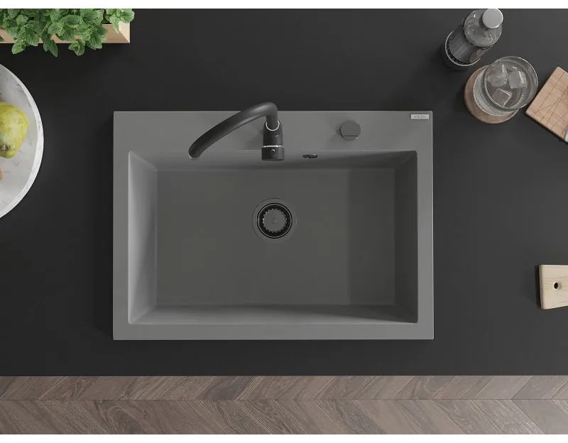 Mexen Elix, 1korový granitový dřez 700 x 500 mm, šedá, černý sifon, 6526701005-71-B