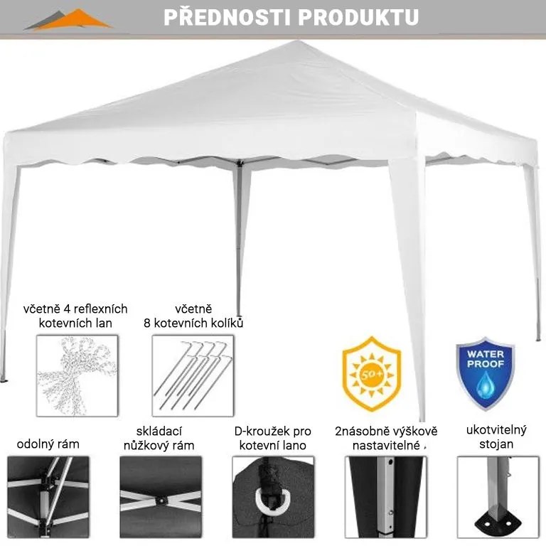 Instent zahradní párty stan - 3x3 m, bílá + 2 bočnice