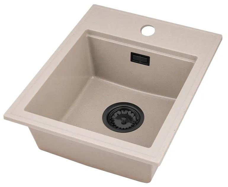 Sink Quality Ferrum New 4050, 1-komorový granitový dřez 400x500x185 mm + černý sifon, béžová, SKQ-FER.4050.B.XB