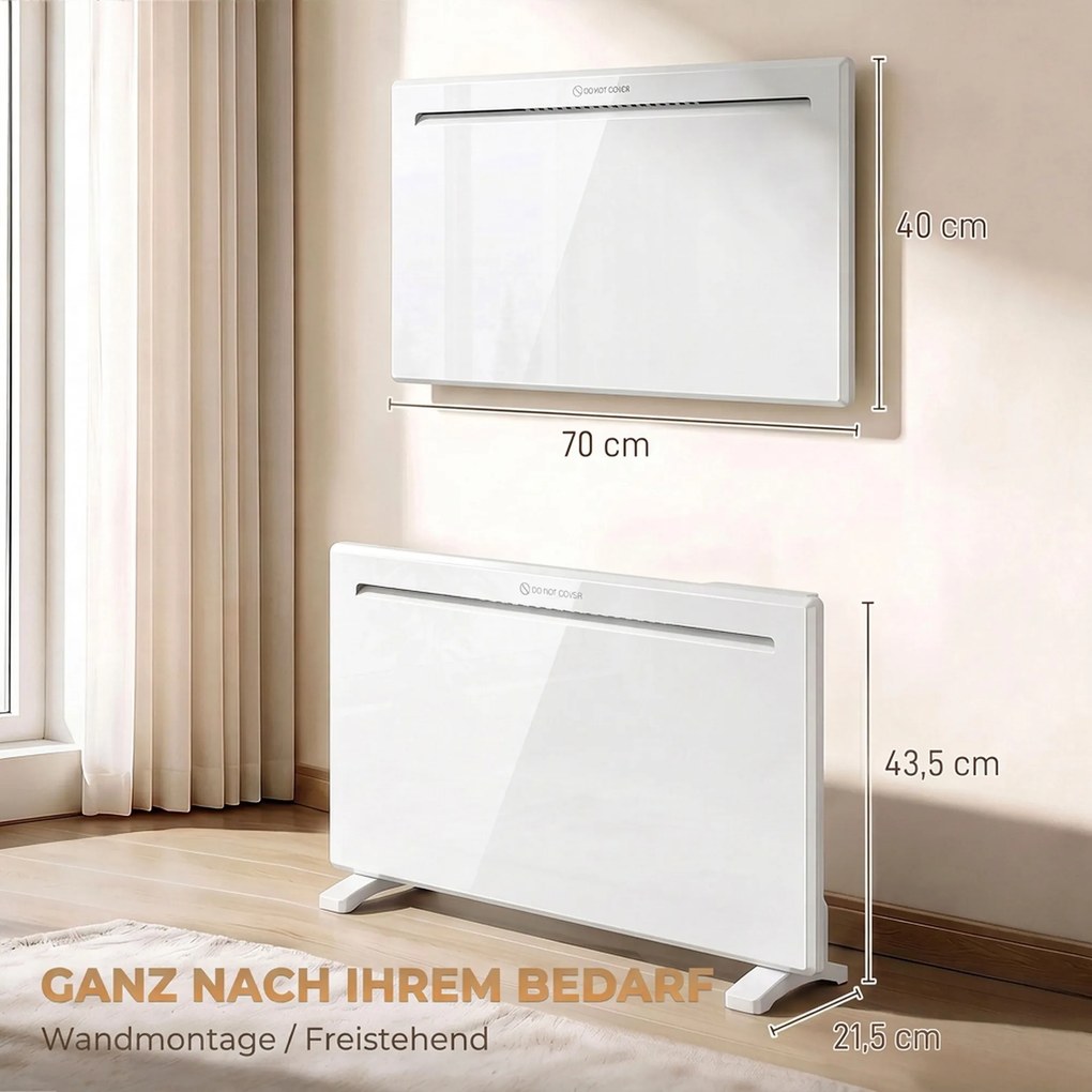 HOMCOM Inteligentní panelový ohřívač 1500 W, volně stojící / na stěnu, elektrický ohřívač s 7denním časovačem, detekce oken, ochrana proti mrazu, bílá
