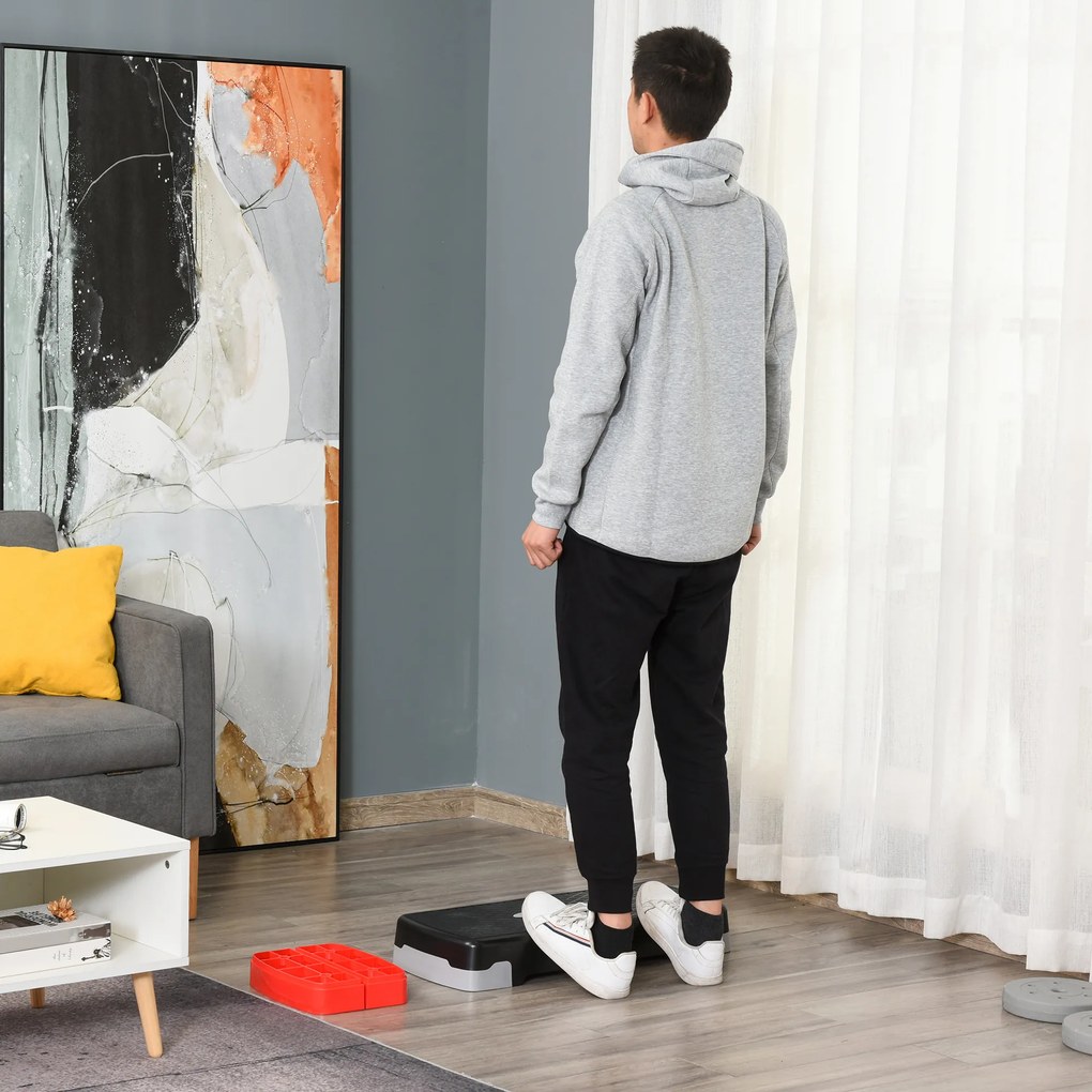 HOMCOM Stepping Board Aerobic Fitness s nastavitelnou výškou (10/20 cm), cvičební kolo Stepper, černá+šedá+červená, 68x28x15cm