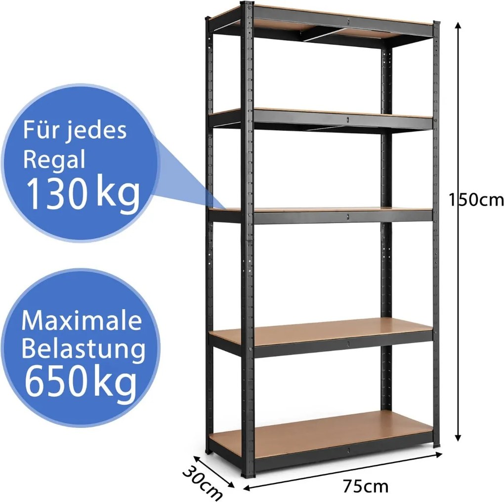 Costway Úložný regál 5 úrovní s kovovým rámem, nosnost do 650 kg, černý