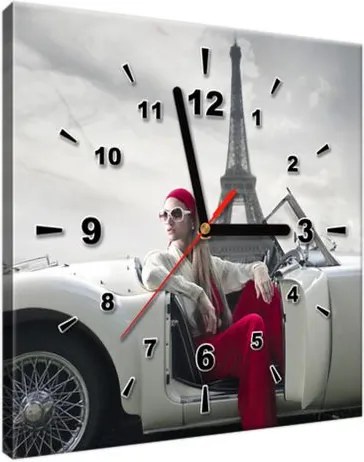 Tištěný obraz s hodinami Žena v car and Eiffel tower 30x30cm ZP1413A_1AI