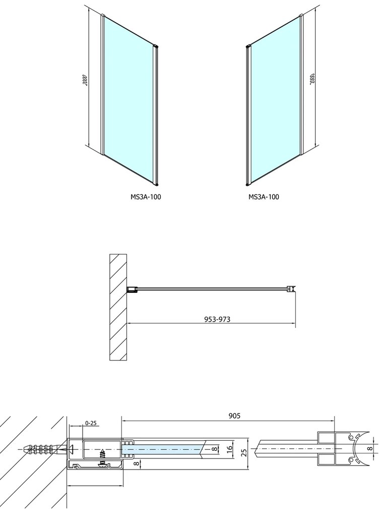 Polysan, MODULAR SHOWER stěna pro instalaci na zeď, pro připojení otoč.panelu 1000 mm, MS3A-100