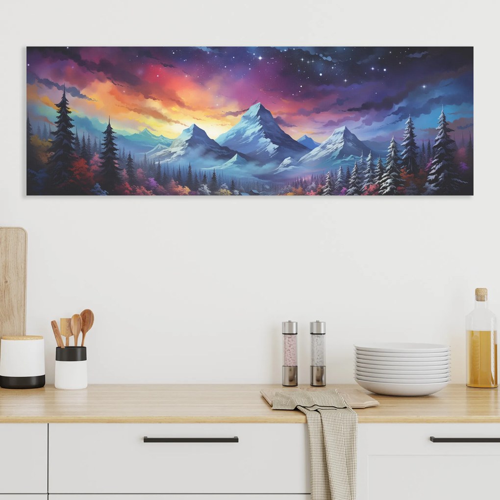 Obraz na plátně - Barevná zimní krajina s horami a stromy FeelHappy.cz Velikost obrazu: 210 x 70 cm