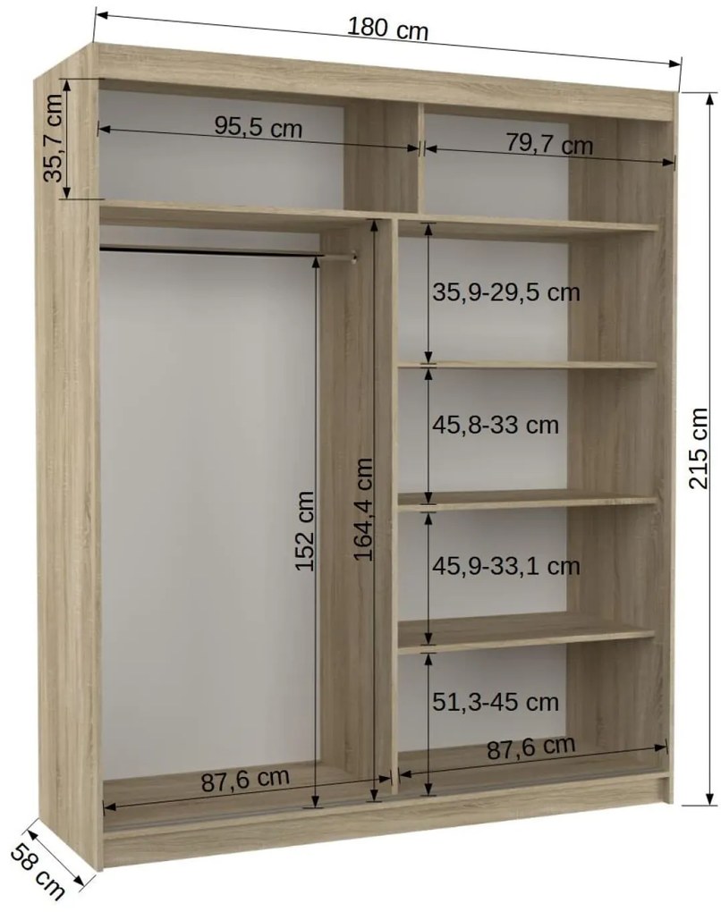 Šatní skříň s posuvnými dveřmi Diego - 180 cm Barva: dub Sonoma