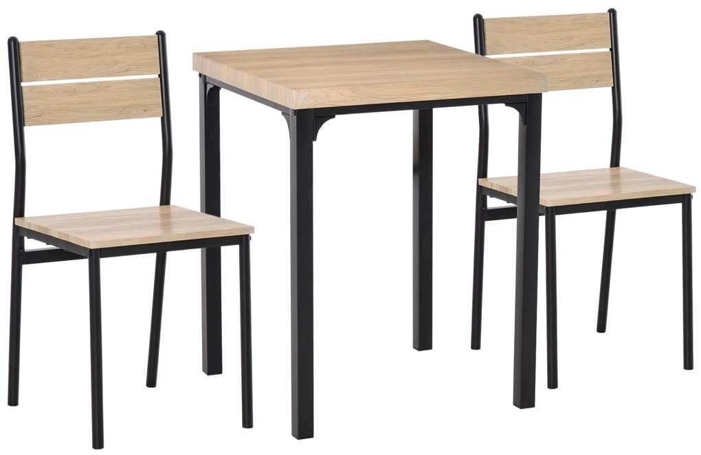 HOMCOM 3-dílný jídelní set s dřevěným stolem MDF + kov, přírodní dřevodekor + černá, 1 stůl + 2 židle| Aosom