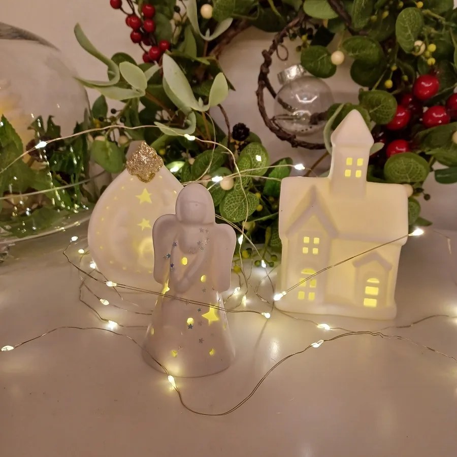 LED svítící anděl keramický 5,5 × 5,5 × 10 cm, teple bílá, 2× LR44