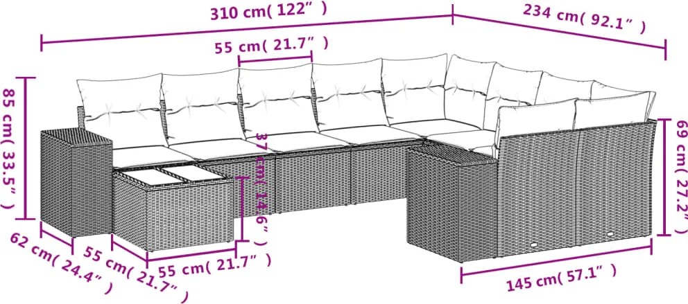 10dílná zahradní sedací souprava s poduškami černá polyratan 3255392