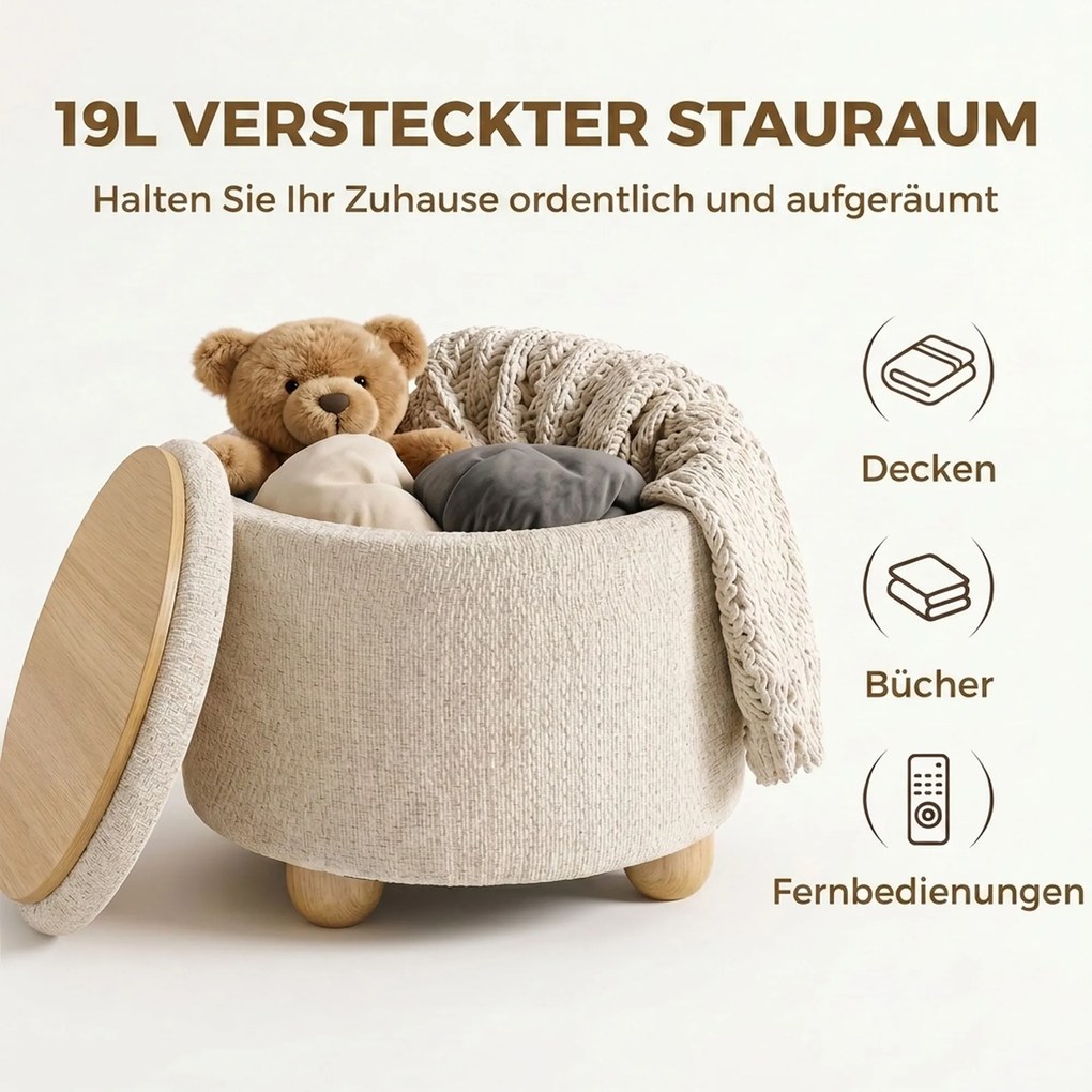 HOMCOM Stolička s úložným prostorem, kulatá sedací stolička s víkem, vzhled lnu pro obývací pokoj, ložnici, 38,5x38,5x33,5 cm Béžová