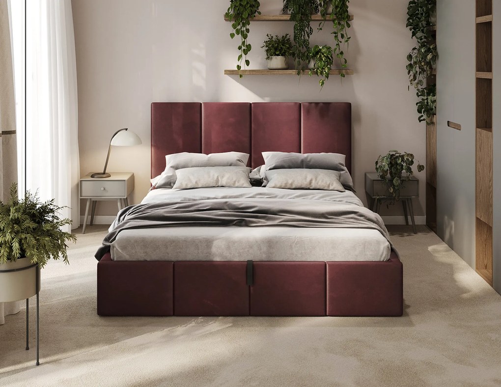 ComfortMatrace Čalouněná postel se zvedacím roštem a úložným prostorem Valencia Barva: Vínová/Burgundy, Rozměr: 140x200 cm, Výška čela u hlavy: 120 cm