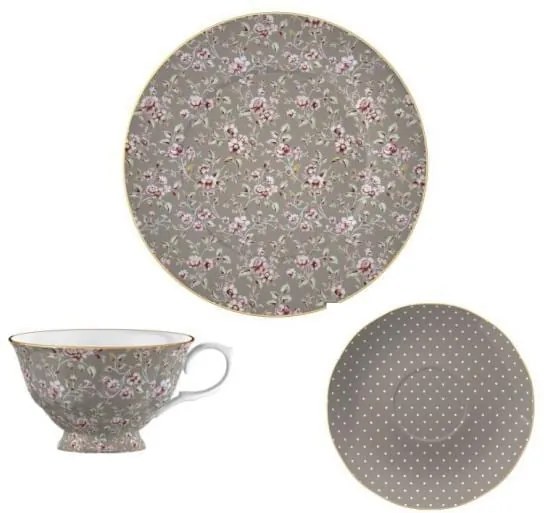 Porcelánový šálek s podšálkem a dezertní talíř Grey Floral