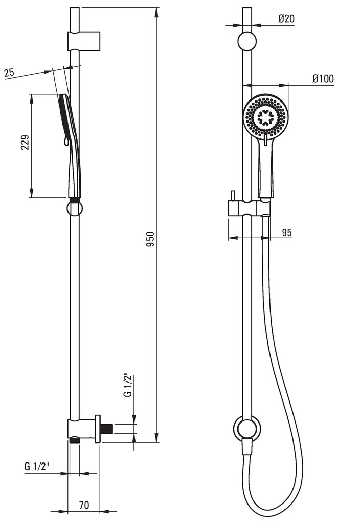 Deante Arnika, sprchový sloup 95cm s podomítkovým připojením a 3-funkční ruční hlavicí a sprchovou hadicí 150cm, černá, NQA_N61K