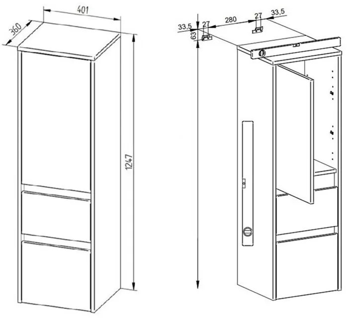 Mereo, Opto, koupelnová skříňka vysoká 125 cm, pravé otevírání, bílá, dub, bílá/dub, černá, CN934P