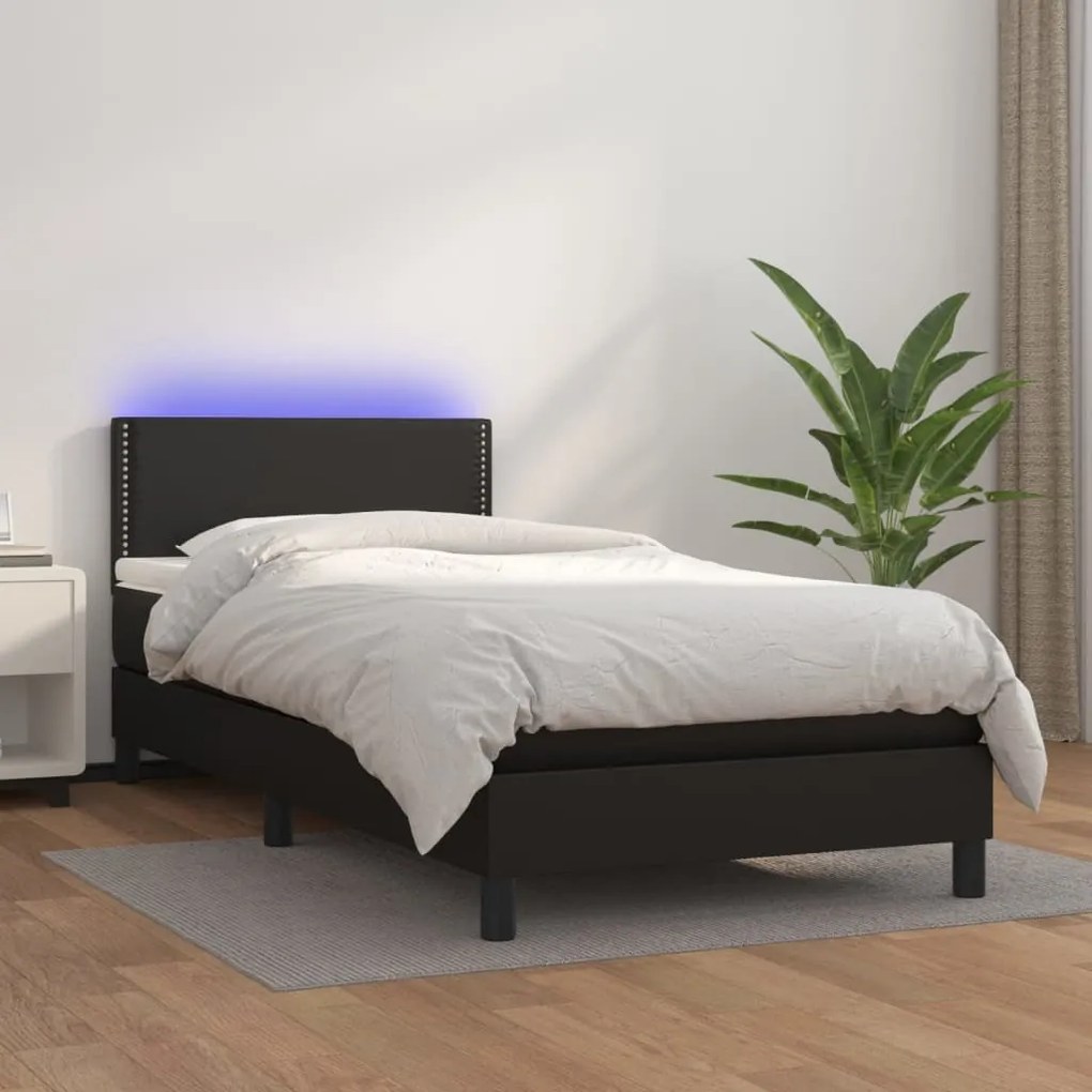 Box spring postel s matrací a LED černá 90x200 cm umělá kůže 3134141