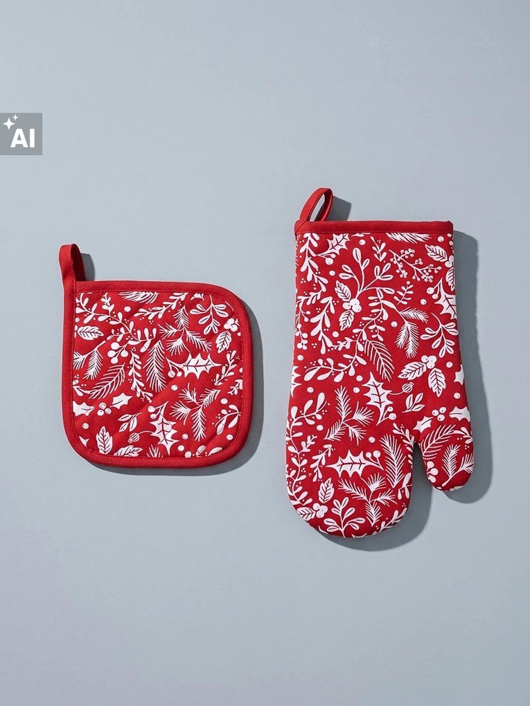 Sinsay - Vánoční sada: kuchyňská chňapka a podložka pod hrnec s rostlinným vzorem 2 pack - červená
