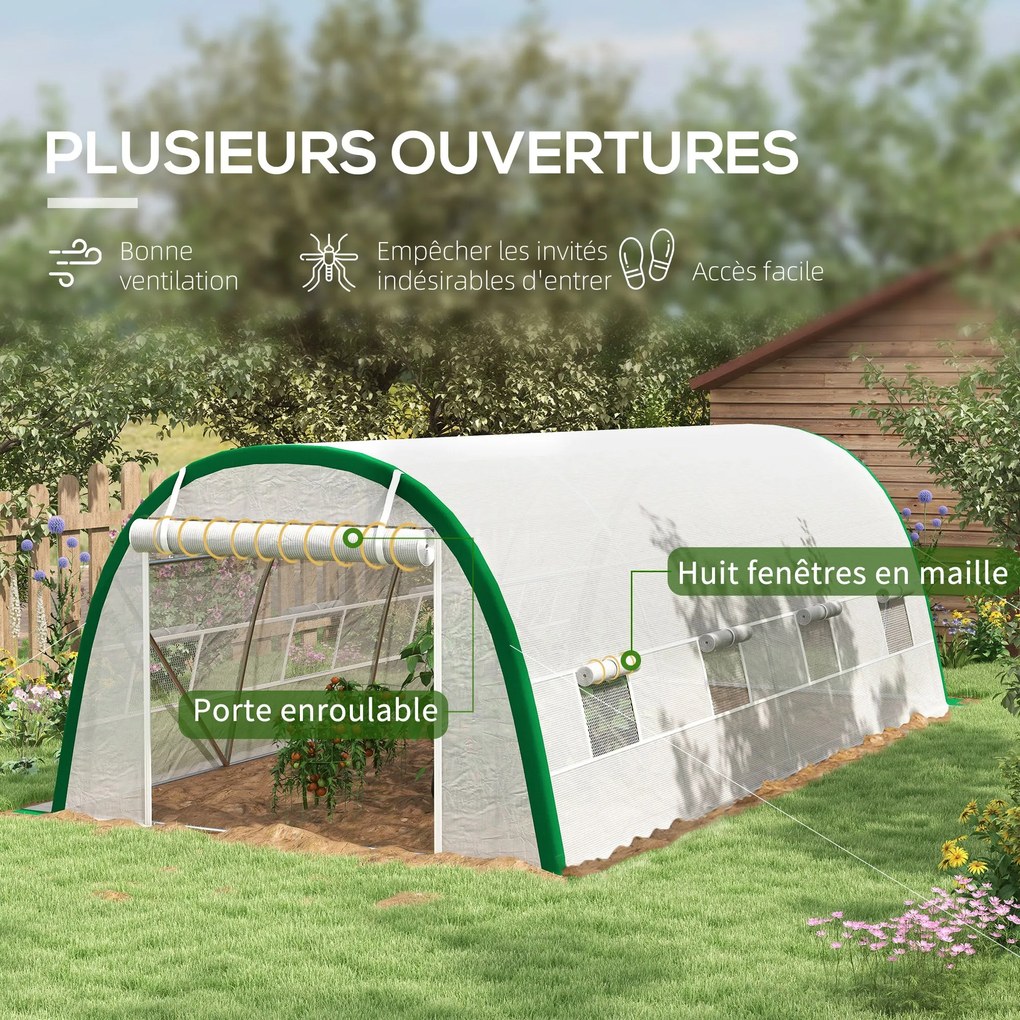 Zahradní tunelová skleník Outsunny 18m² – 6L x 3W x 2H m - 8 oken, zabalovací zipová vrata - Rám z pozinkované oceli, bílý kryt z vysoce hustého PE