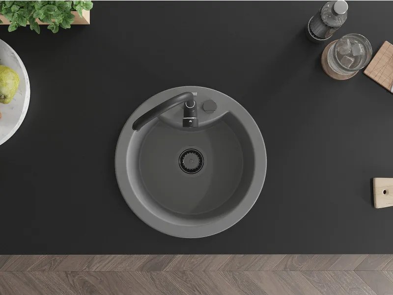 Mexen Diego, granitový dřez 488x488x167 mm, 1-komorový, šedá s černým sifonem, 6512481000-71-B