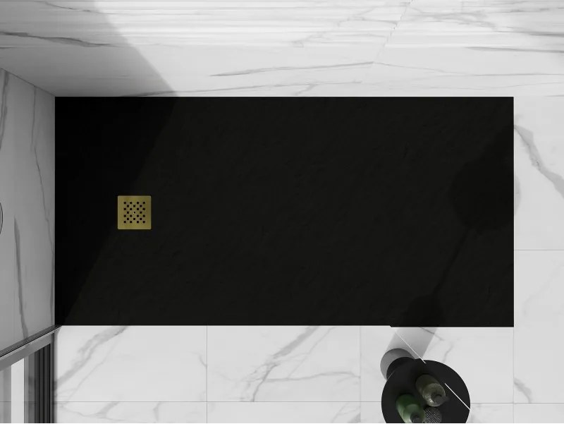 Mexen Stone+, obdélníková vanička z minerálního kompozitu 180 x 100 cm, černá, zlatá lesklá krytka, 44701018-G