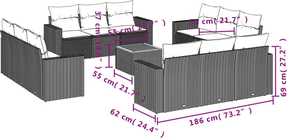 13dílný zahradní sedací souprava s poduškami černý polyratan 3224054