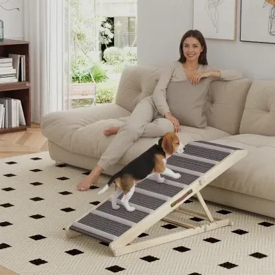 PawHut skládací psí rampa, výškově nastavitelná 41–60 cm, s protiskluzovým kobercem